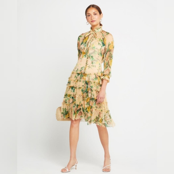 O.P.T. | Dresses | Opt Floral Beige Ruffled Tiered Midi Dress S | Poshmark